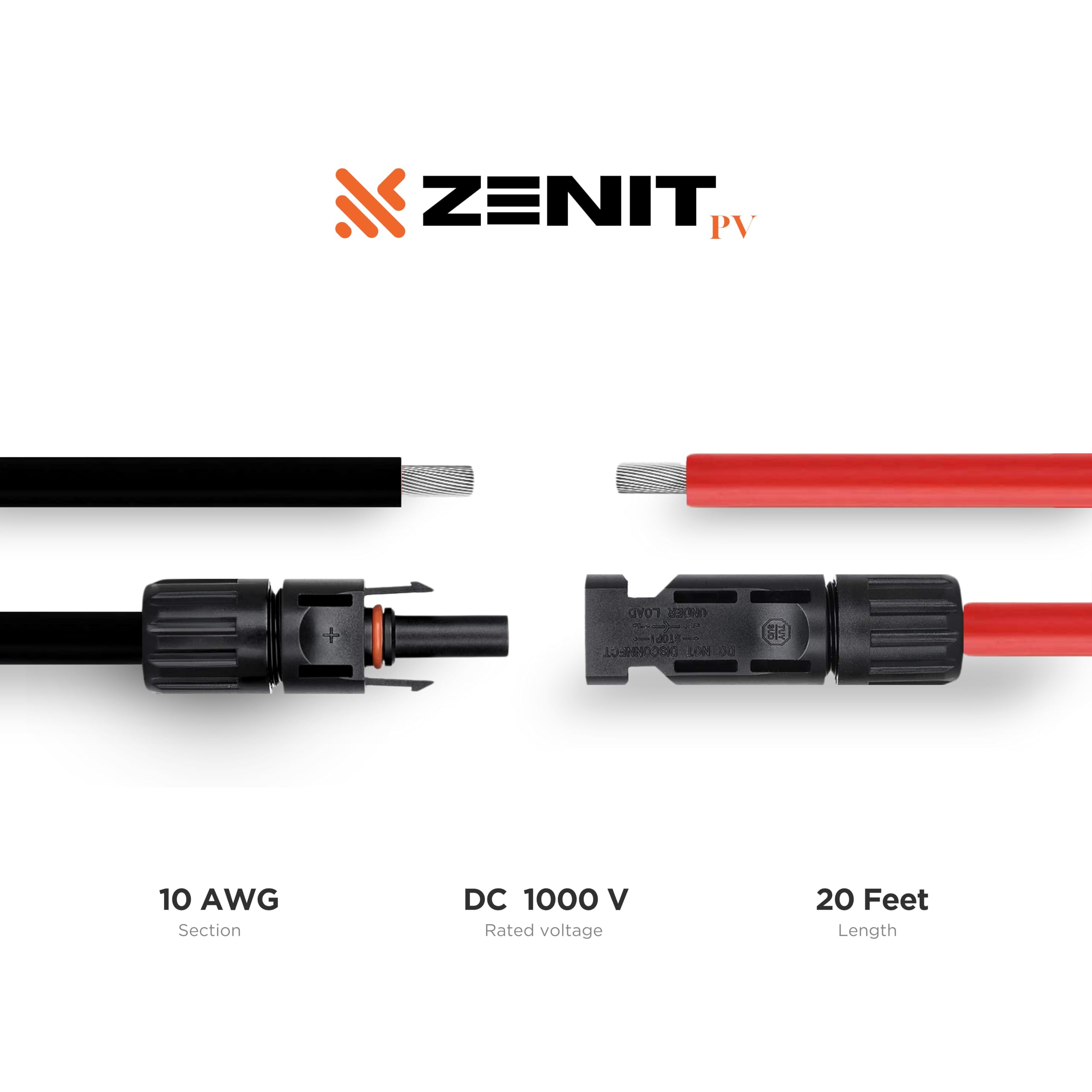 ZenitPV - 20 Ft 10AWG - Solar Extension Cable with connectors pre-Installed at one end + Two Extra Free Pairs of Connector - (20 Feet)