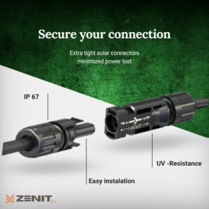 ZenitPV - 20 Ft 10AWG - Solar Extension Cable with connectors pre-Installed at one end + Two Extra Free Pairs of Connector - (20 Feet)