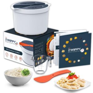 zwippy microwave rice cooker steamer and pasta cooker with strainer - mess-free design, dishwasher safe, cooks up to 8 cups