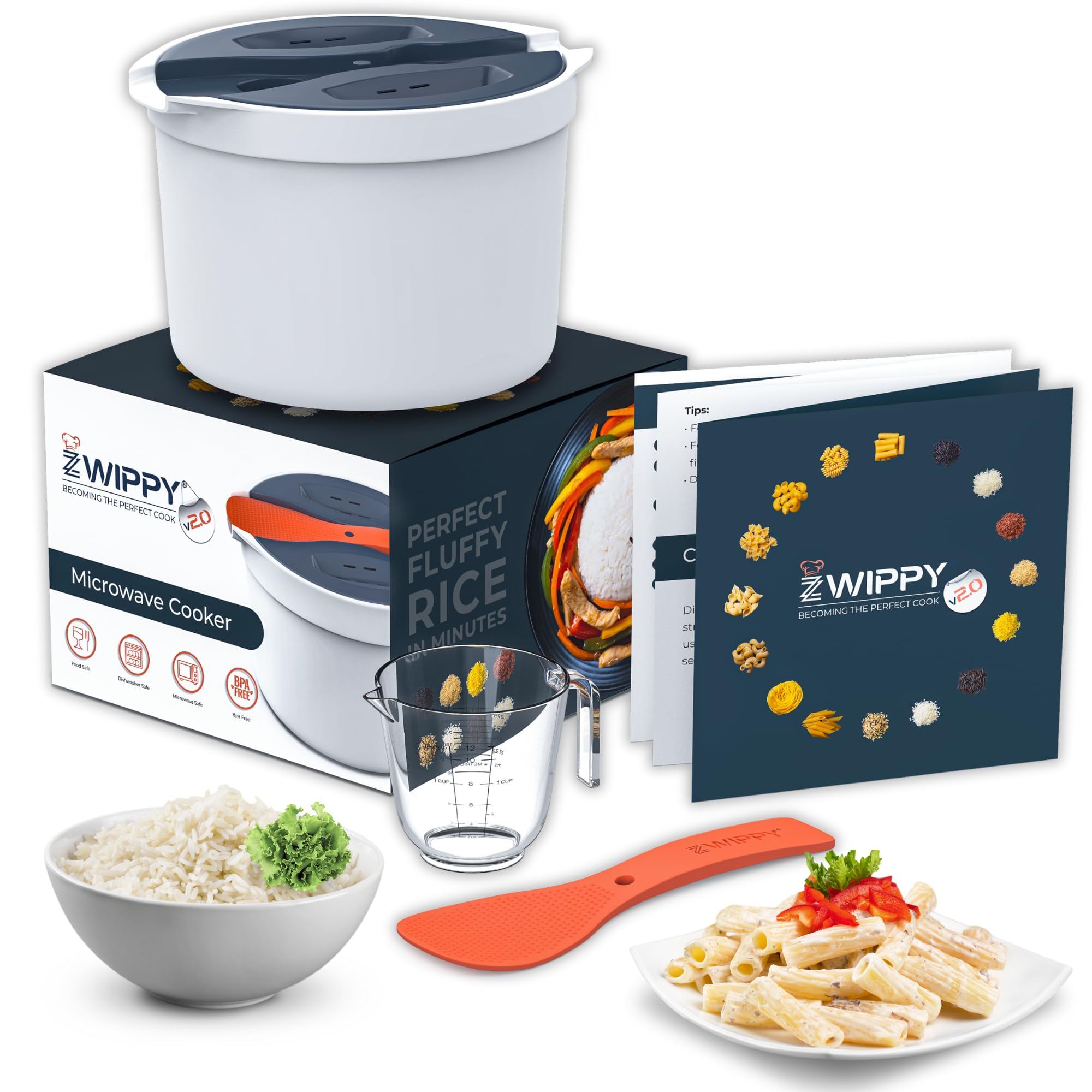 Zwippy Microwave Rice Cooker Steamer and Pasta Cooker with Strainer - Mess-Free Design, Dishwasher Safe, Cooks Up to 8 Cups