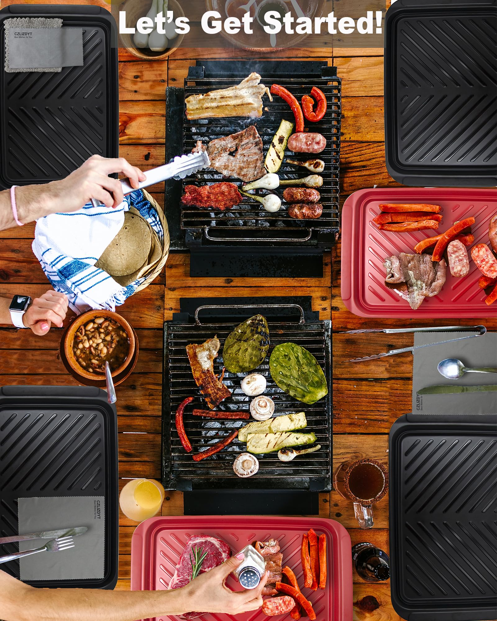 Czlizdyt Grilling Prep and Serve Trays, BBQ Tray for Raw and Cooked Food, Melamine Serving Trays for Food, Set of 2, Black and Red, Napkin and Cleaning Clothes Included