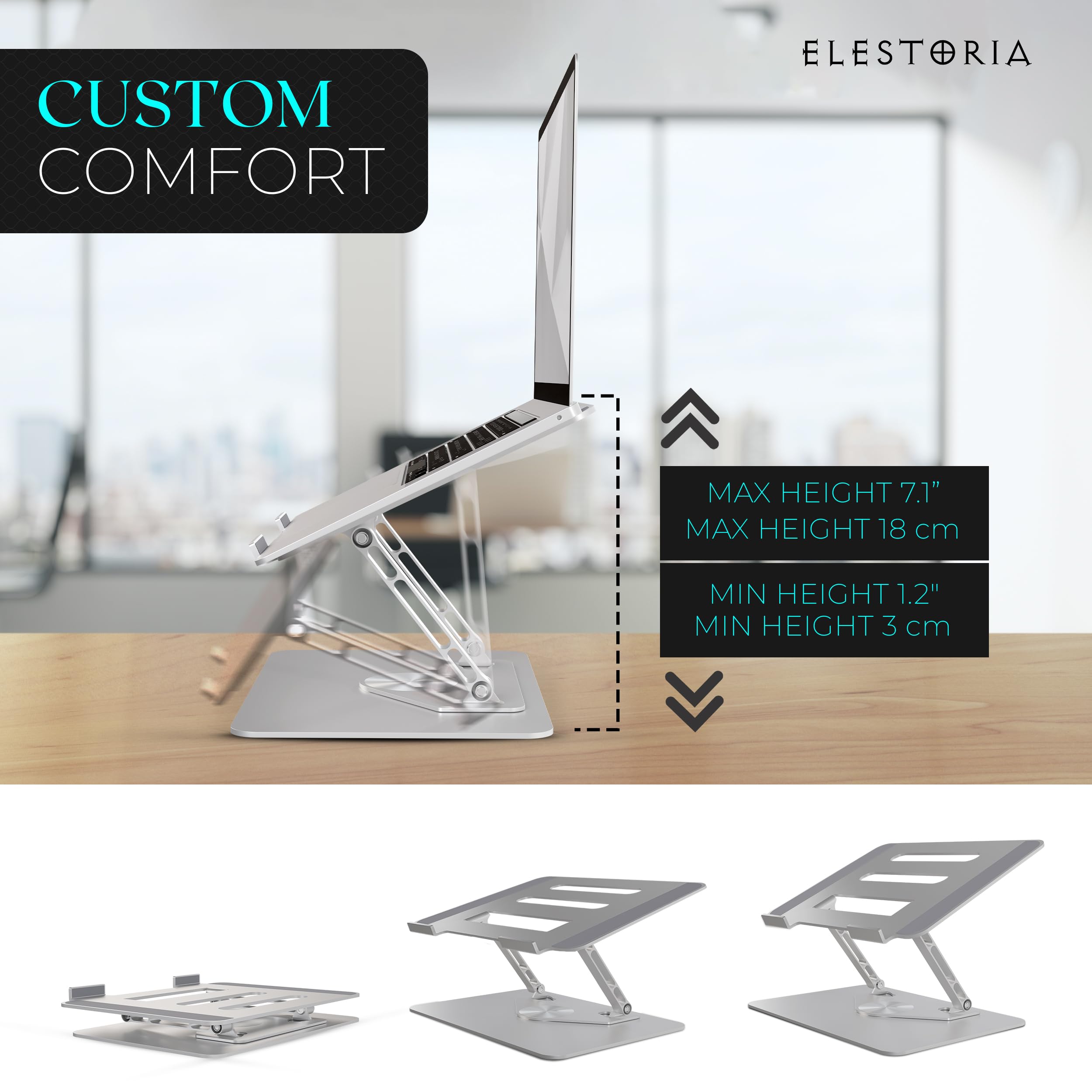 Elestoria Adjustable Foldable Laptop Stand for Desk - 360 Rotating Base, Heat Dissipation, Ergonomic Design