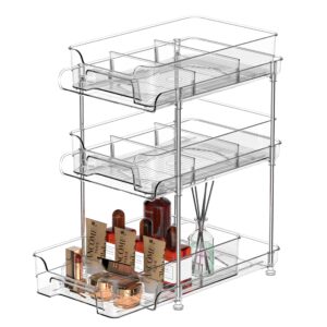 beafota 3 tier clear pull out organizer with 3pcs storage bins, large size multi-purpose slide-out storage container, bathroom vanity counter organizing tray, kitchen pantry medicine cabniet bins