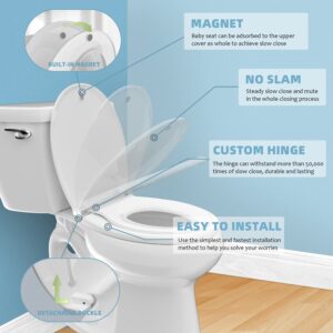 Toilet seat with toddler seat built in, Potty training toilet seat, Magnetic kids toilet seat, Fits both adult and child, Slow-Close, Toddler toilet seat attachment, ROUND, White(16.5”)