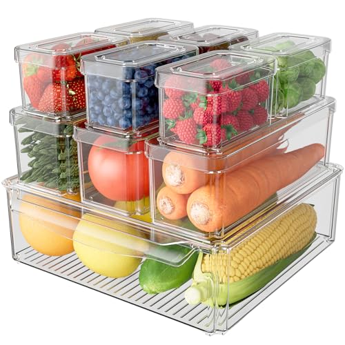 SpaceHacks 10 Pack Refrigerator Organizer Bins Stackable with Lids, Clear Fridge Organizers and Storage, Kitchen Organizer Storage Containers for Fruit, Produce, Food, Vegetables