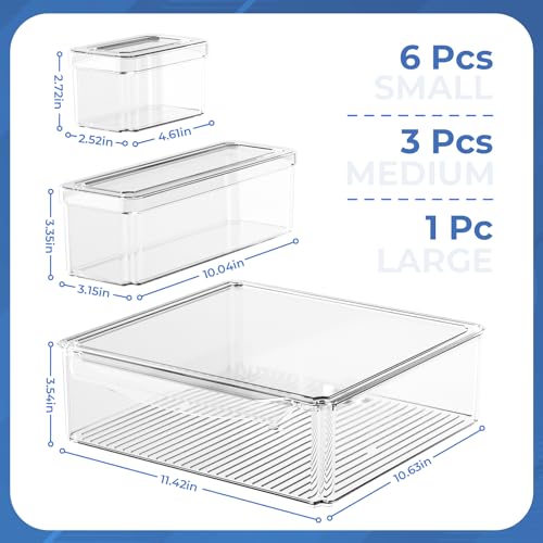 SpaceHacks 10 Pack Refrigerator Organizer Bins Stackable with Lids, Clear Fridge Organizers and Storage, Kitchen Organizer Storage Containers for Fruit, Produce, Food, Vegetables