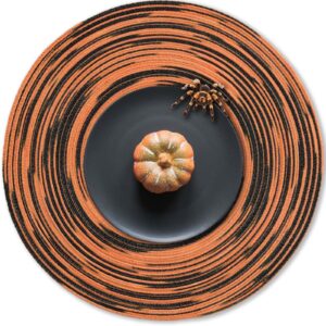 ahhfsmei round braided halloween placemats 15 inch round table mats for dining tables natural woven heat resistant place mats set of 6 (orange black)