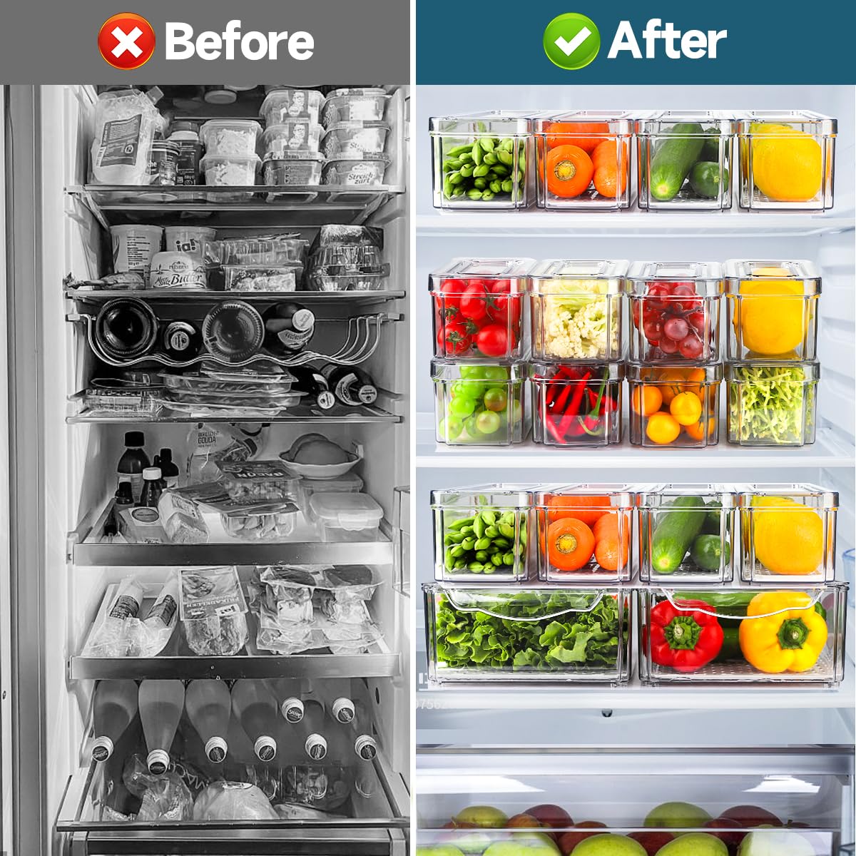 NISILIN 14 Pack Fridge Organizers and Storage - Refrigerator Organizer Bins with Lids, BPA-Free Fridge Organization, Fruit Storage Containers for Fridge, Vegetable, Food, Drinks, Cereals, Clear