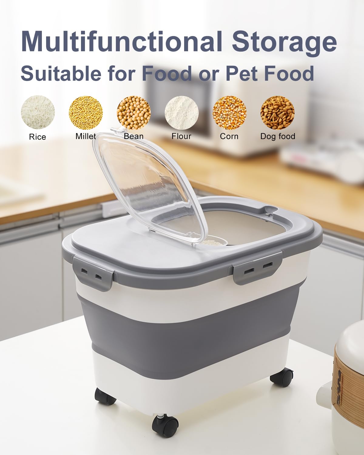 DDMOMMY 20-30Lbs Rice Storage Container,Collapsible Food Storage Containers with Rolling Wheel Airtight Locking Lid,Flour Storage Container with Cup and Scoop,Suitable for Food,Rice,Pet Food,Flour