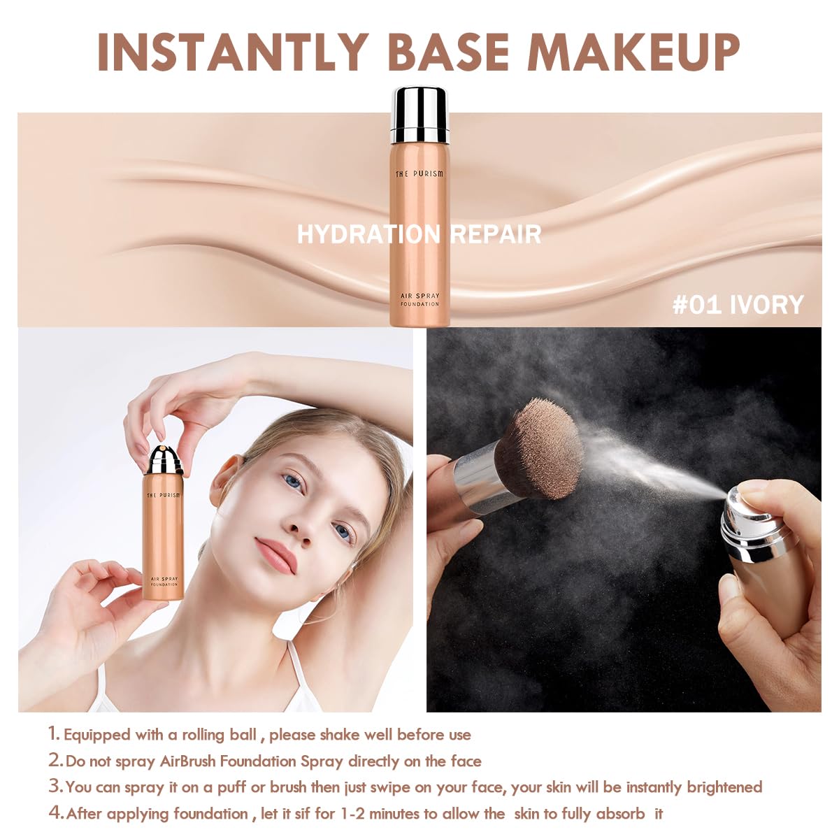 Aaiffey Airbrush Foundation Spray,Silky Foundation Mist Spray Set with Brush Face Primer Makeup Base Moisturizing Breathable Lightweight (#01 Ivory)