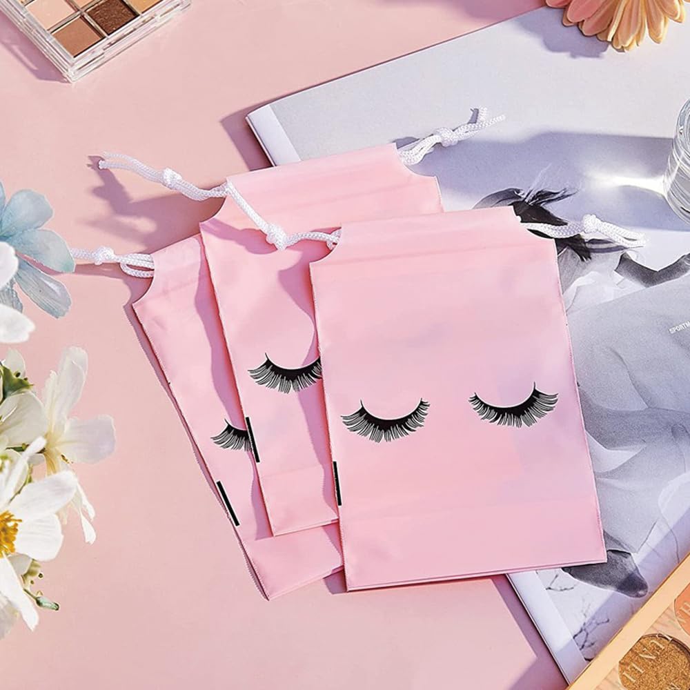 50 Pieces Lash Bags Eyelash Aftercare Bags Eyelash Makeup Bags for Clients for Small Business, Cosmetic Shampoo Sample Bags, Eyelash Makeup Bag with Drawstring for Girls Women (Pink,4 x 6 Inches)