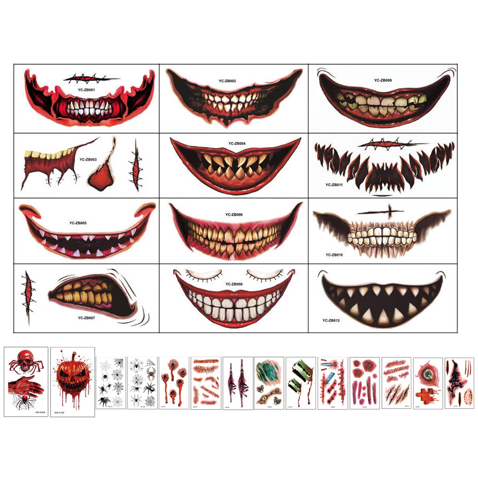 26pcs Halloween Face Big Mouth Fake Tattoos for Adults, Scary Prank Makeup Joker Temporary Tattoo Kit Women, Halloween Horror Clown Fake Face Stickers Kids (Big Face)