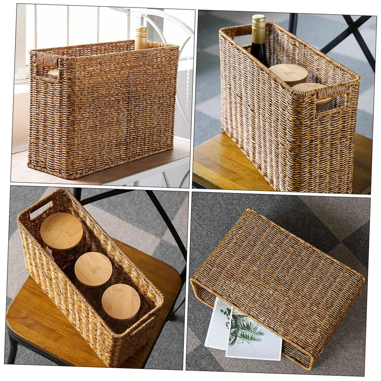 CAXUSD Magazine Newspaper Basket Toy Containers Farmhouse Basket Toilet Paper Baskets Rattan Magazine Holder Shelf Bracket Rustic Book Shelf Baskets Woven Make up Storage Cabinet Plastic