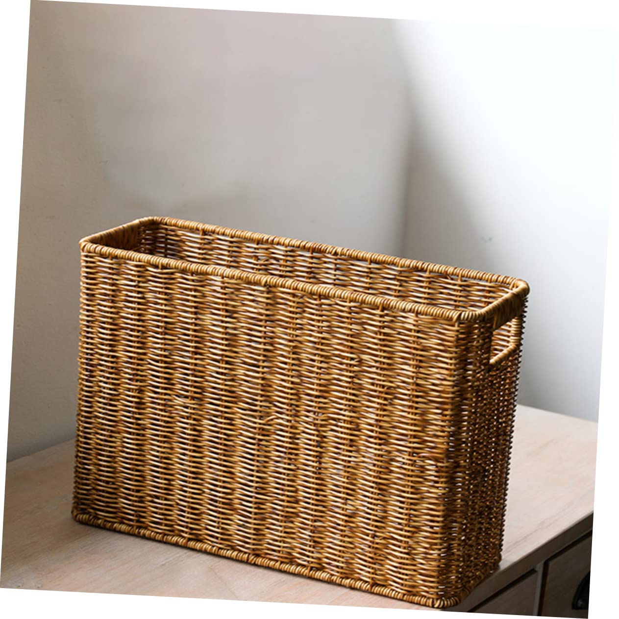 CAXUSD Magazine Newspaper Basket Toy Containers Farmhouse Basket Toilet Paper Baskets Rattan Magazine Holder Shelf Bracket Rustic Book Shelf Baskets Woven Make up Storage Cabinet Plastic