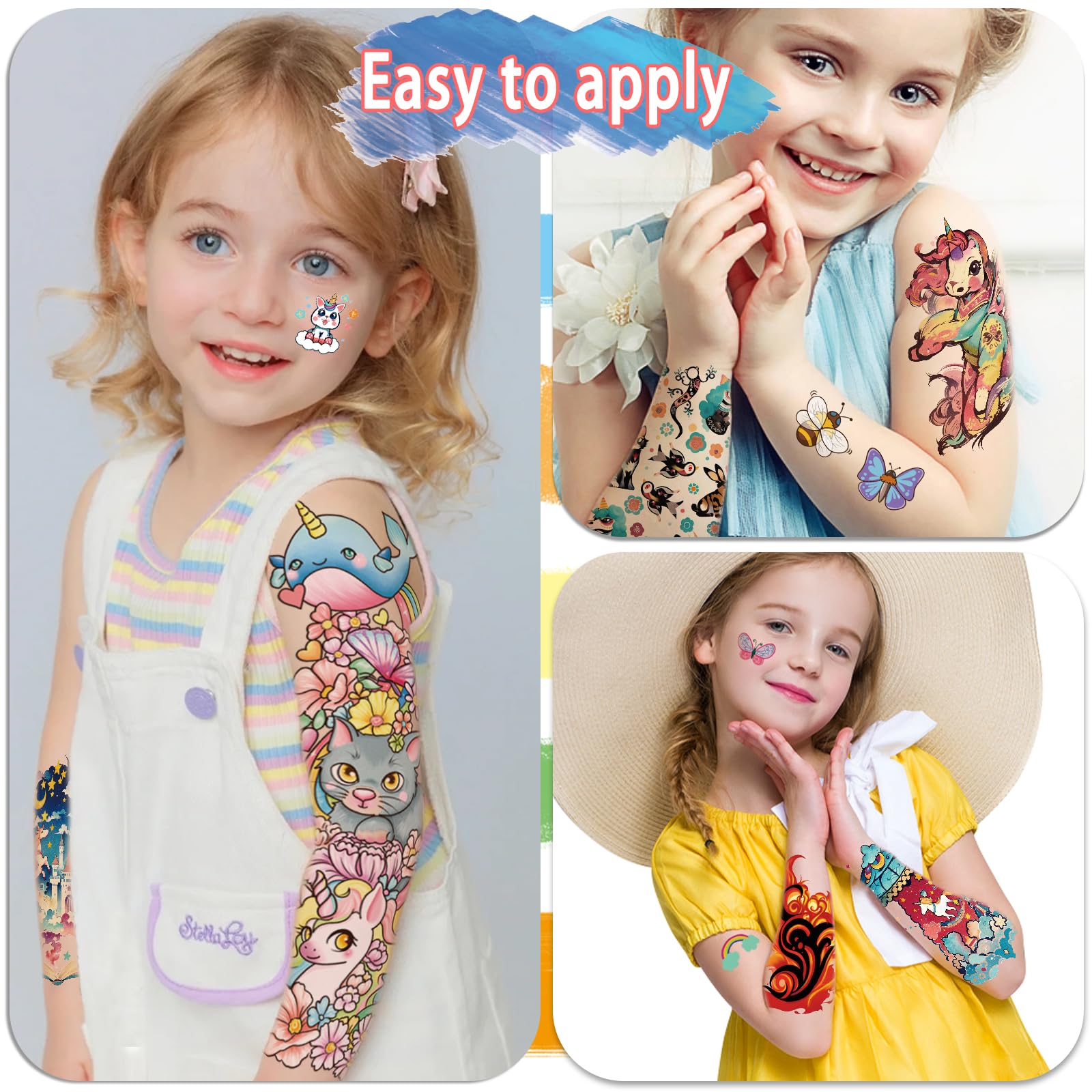 52 Pcs Temporary Tattoo for Kids Full Arm Castle Butterfly Cat Truck Dinosaur Rocket Planet Cute Animal Body Face Fake Arm Tattoos for Girls Boys Tiny Tattoo Stickers Birthday Gifts Party Supplies