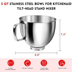 GGC Stainless Steel 5QT Mixing Bowl with Handle, Compatible with Kitchenaid 4.5-5 Quart Tilt-Head Stand Mixers, Multipurpose Kitchen Companion