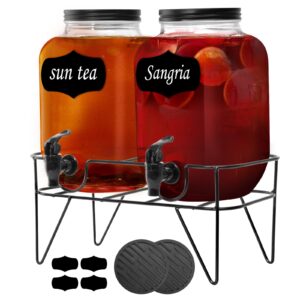 2-pack glass drink dispenser - 1 gallon mason jars w/spout faucets screw lid & rubber drip mats - liquid lemonade & beverage - stand for organizing party decor & storage