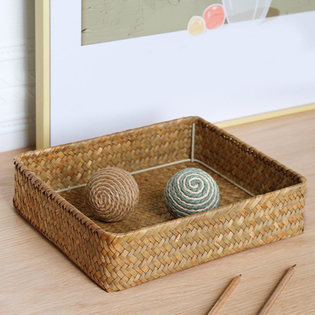 Desk Tray Woven Seagrass Tray Rectangular Serving Basket Japanese Tea Tray Desktop Sundries Bin for Breakfast Dinner Bread Fruit Coffee Table Tea Party Straw Glasses