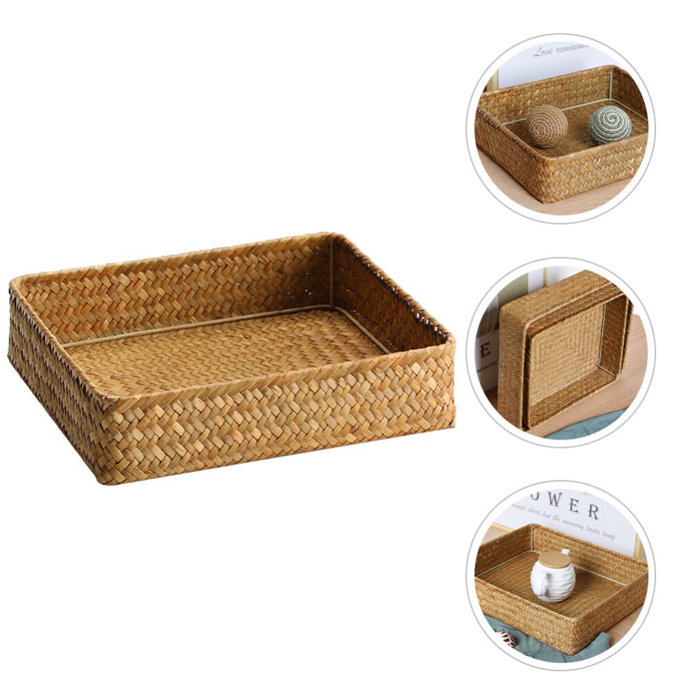 Desk Tray Woven Seagrass Tray Rectangular Serving Basket Japanese Tea Tray Desktop Sundries Bin for Breakfast Dinner Bread Fruit Coffee Table Tea Party Straw Glasses