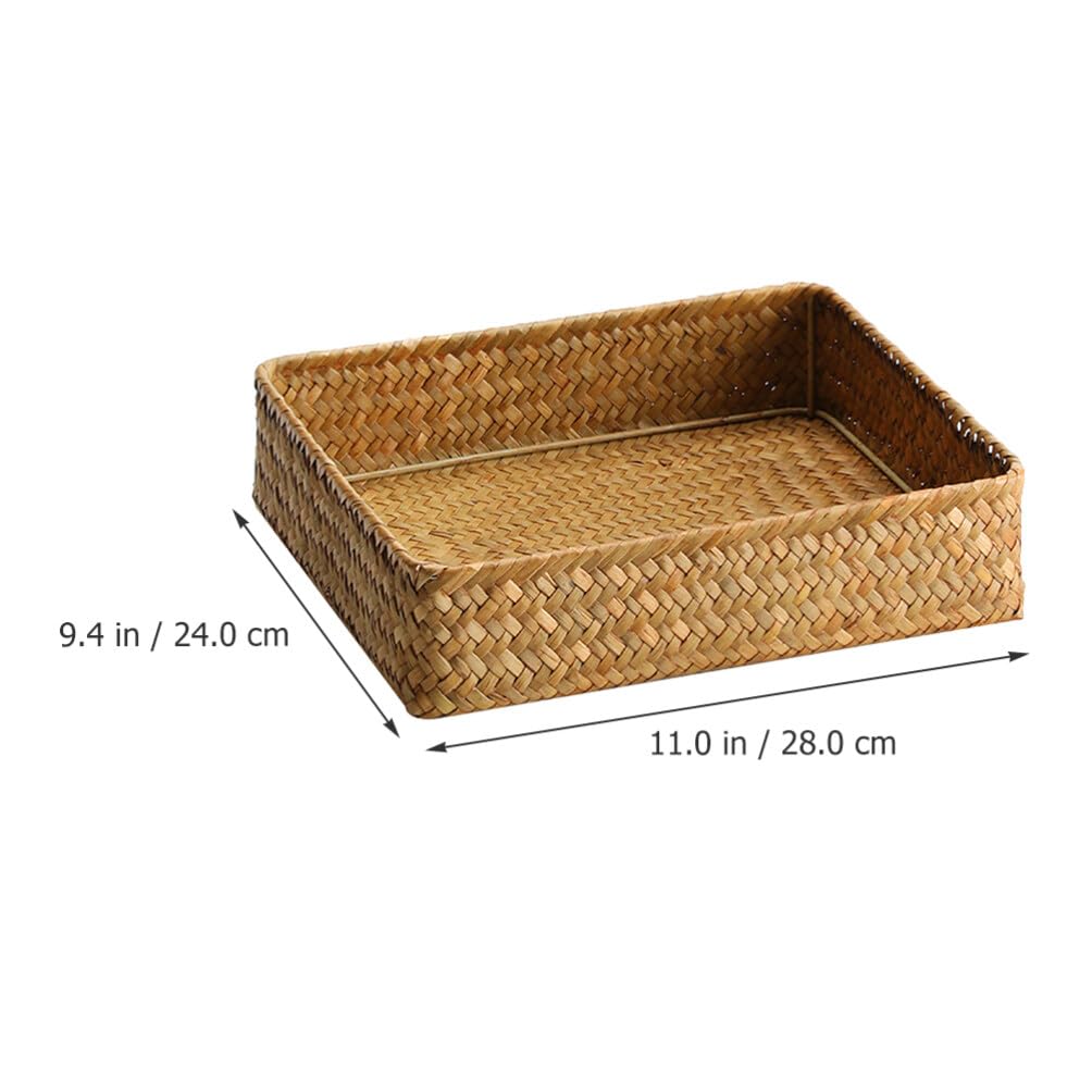 Desk Tray Woven Seagrass Tray Rectangular Serving Basket Japanese Tea Tray Desktop Sundries Bin for Breakfast Dinner Bread Fruit Coffee Table Tea Party Straw Glasses