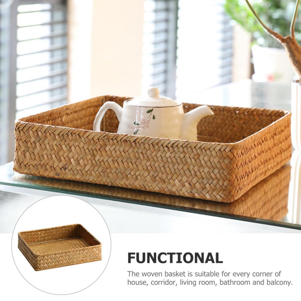 Desk Tray Woven Seagrass Tray Rectangular Serving Basket Japanese Tea Tray Desktop Sundries Bin for Breakfast Dinner Bread Fruit Coffee Table Tea Party Straw Glasses