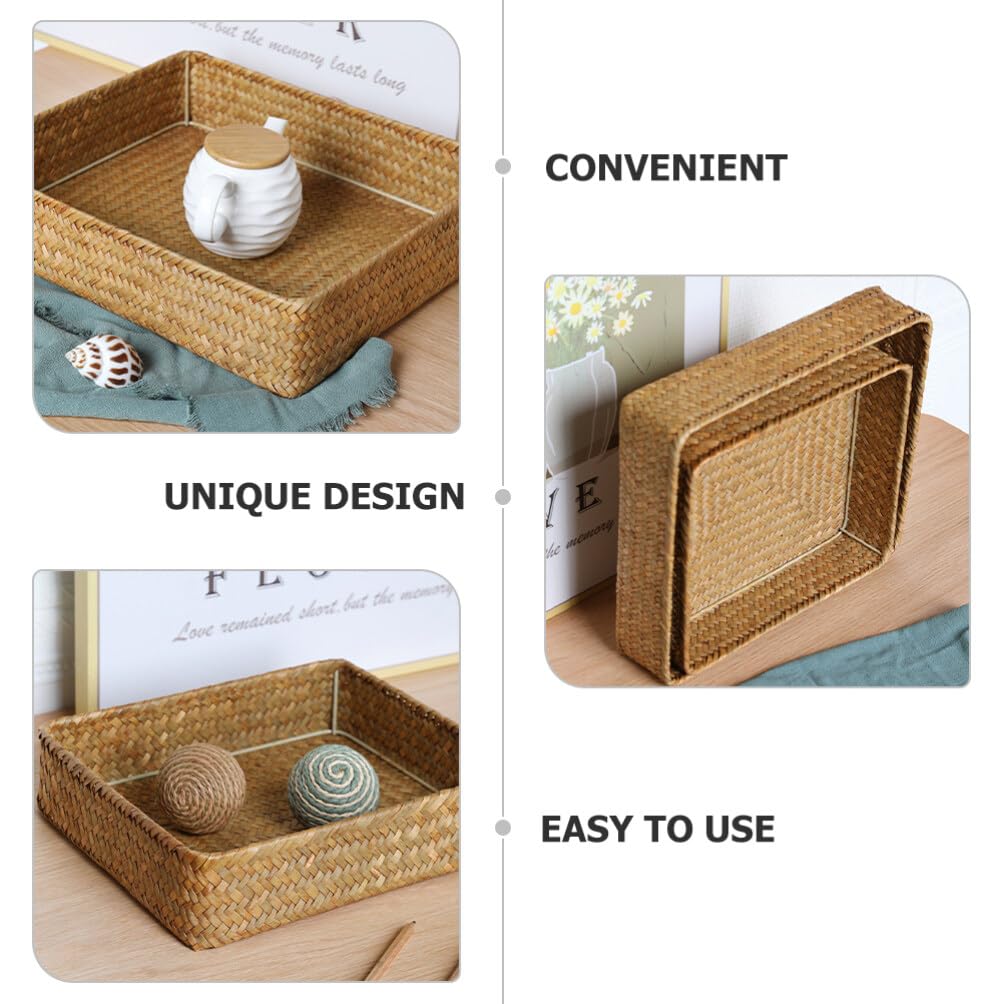 Desk Tray Woven Seagrass Tray Rectangular Serving Basket Japanese Tea Tray Desktop Sundries Bin for Breakfast Dinner Bread Fruit Coffee Table Tea Party Straw Glasses