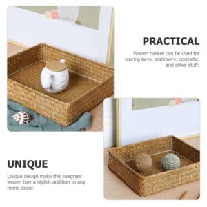 Desk Tray Woven Seagrass Tray Rectangular Serving Basket Japanese Tea Tray Desktop Sundries Bin for Breakfast Dinner Bread Fruit Coffee Table Tea Party Straw Glasses