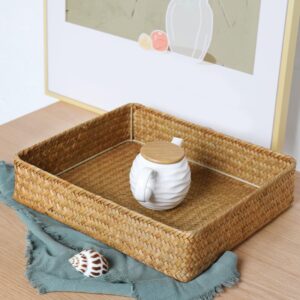 Desk Tray Woven Seagrass Tray Rectangular Serving Basket Japanese Tea Tray Desktop Sundries Bin for Breakfast Dinner Bread Fruit Coffee Table Tea Party Straw Glasses