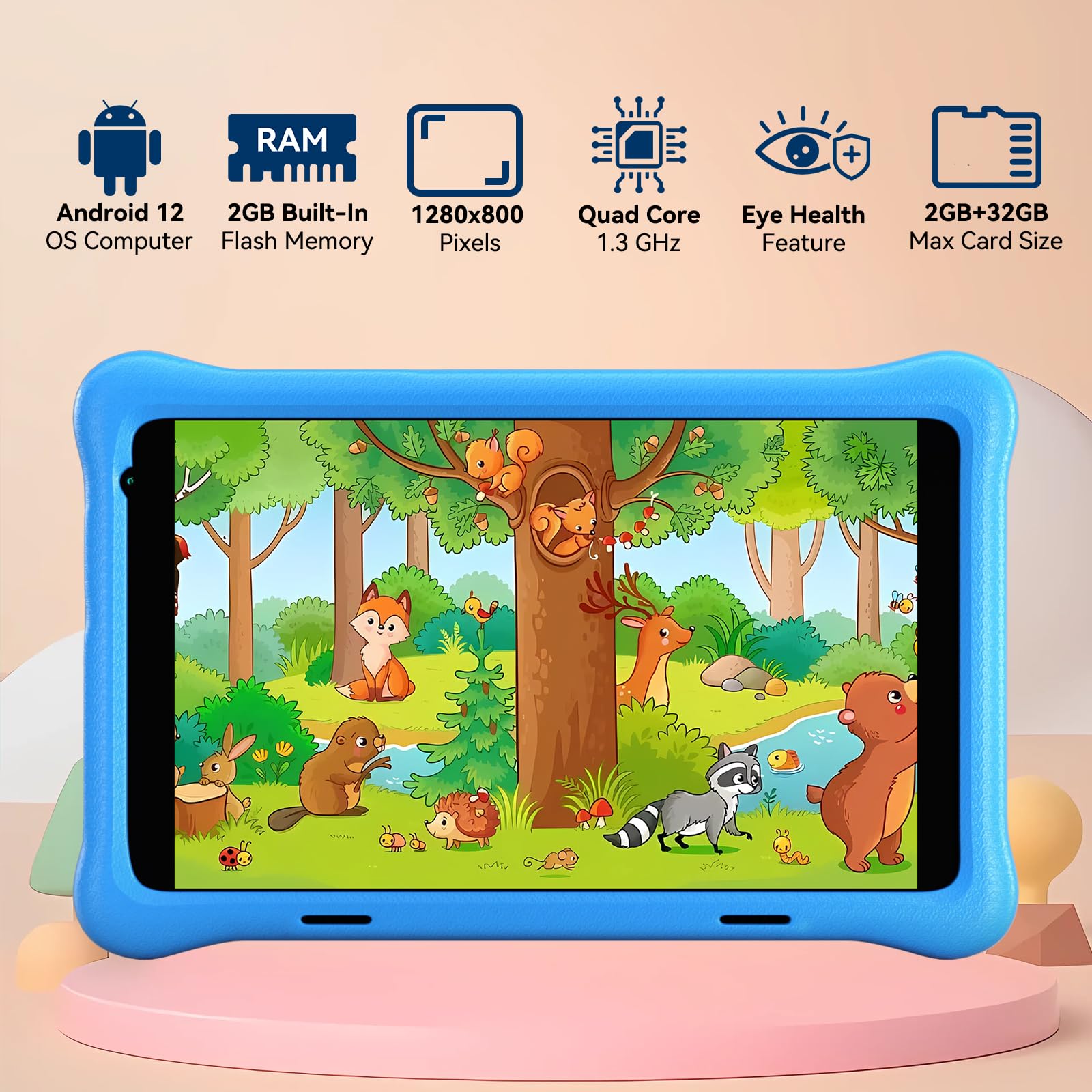 Okaysea Kids' Tablet 8-inch Tablet,2GB RAM 32GB ROM Android 12.0,1280 * 800 HD Display,4000mAh,Parental Controls, Bluetooth,WiFi, Dual Camera, Shockproof Stand Protective case (Blue)