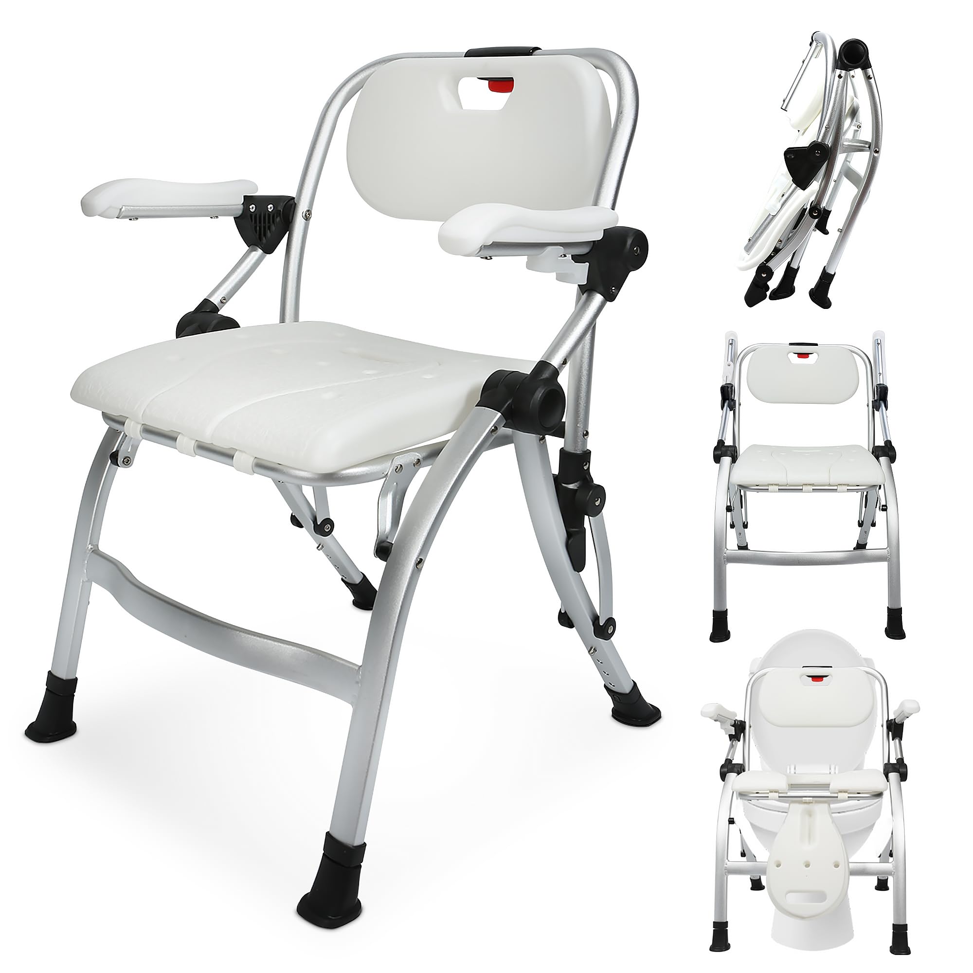 Retoreath Advanced Folding Shower Chair with Backrest and Adjustable Armrest, Commode Chair, Space-Saving, Extra Wide and Enhanced Slip Resistance, 400 lbs Weight Capacity