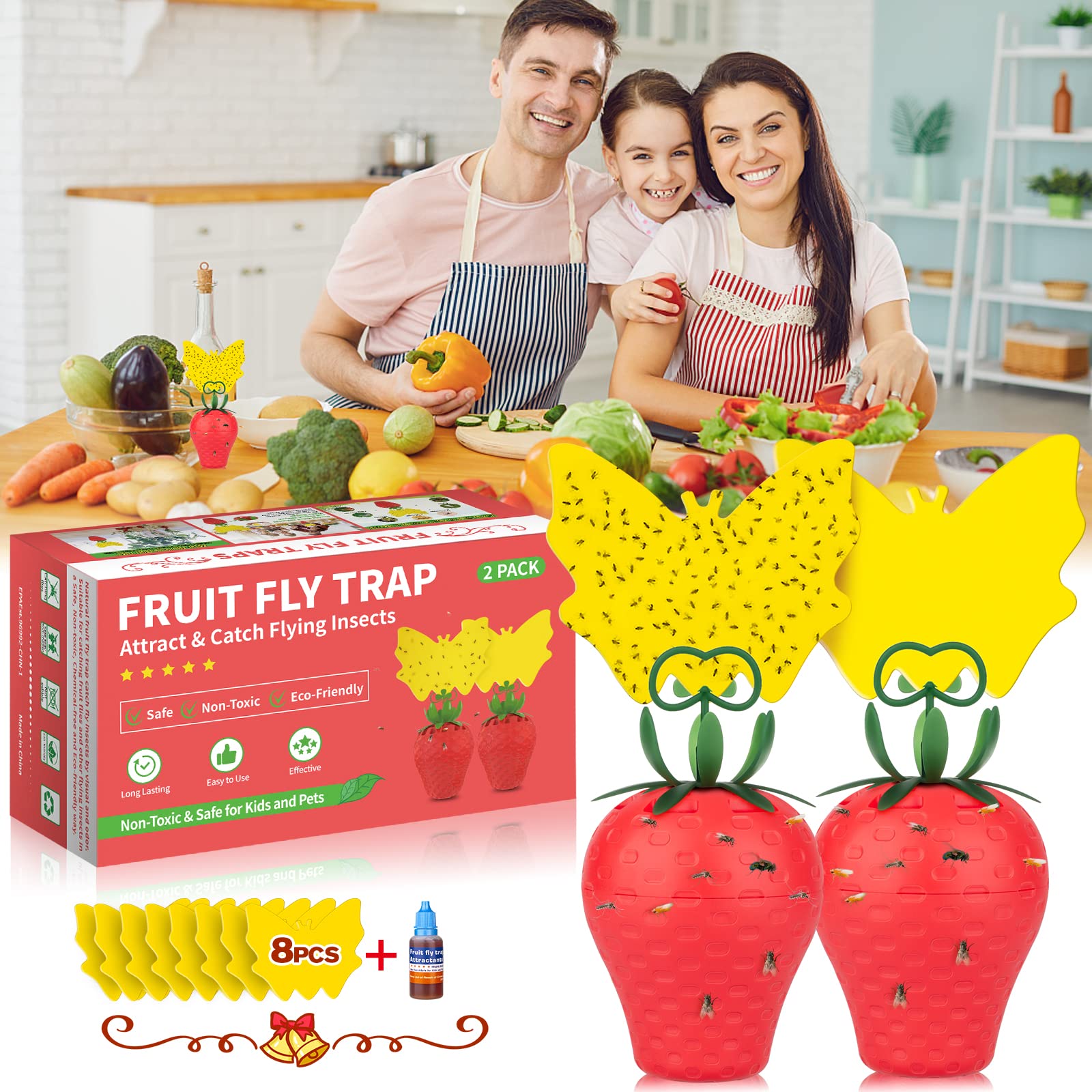 Fruit Fly Traps for Indoors,Effective Fly Catcher Gnat Traps for House with Yellow Sticky Traps,Fruit Fly Trap with Sticker with Bait Safe Non-Toxic Reusable Fly Trap for Home, Plant, Kitchen(2pack)