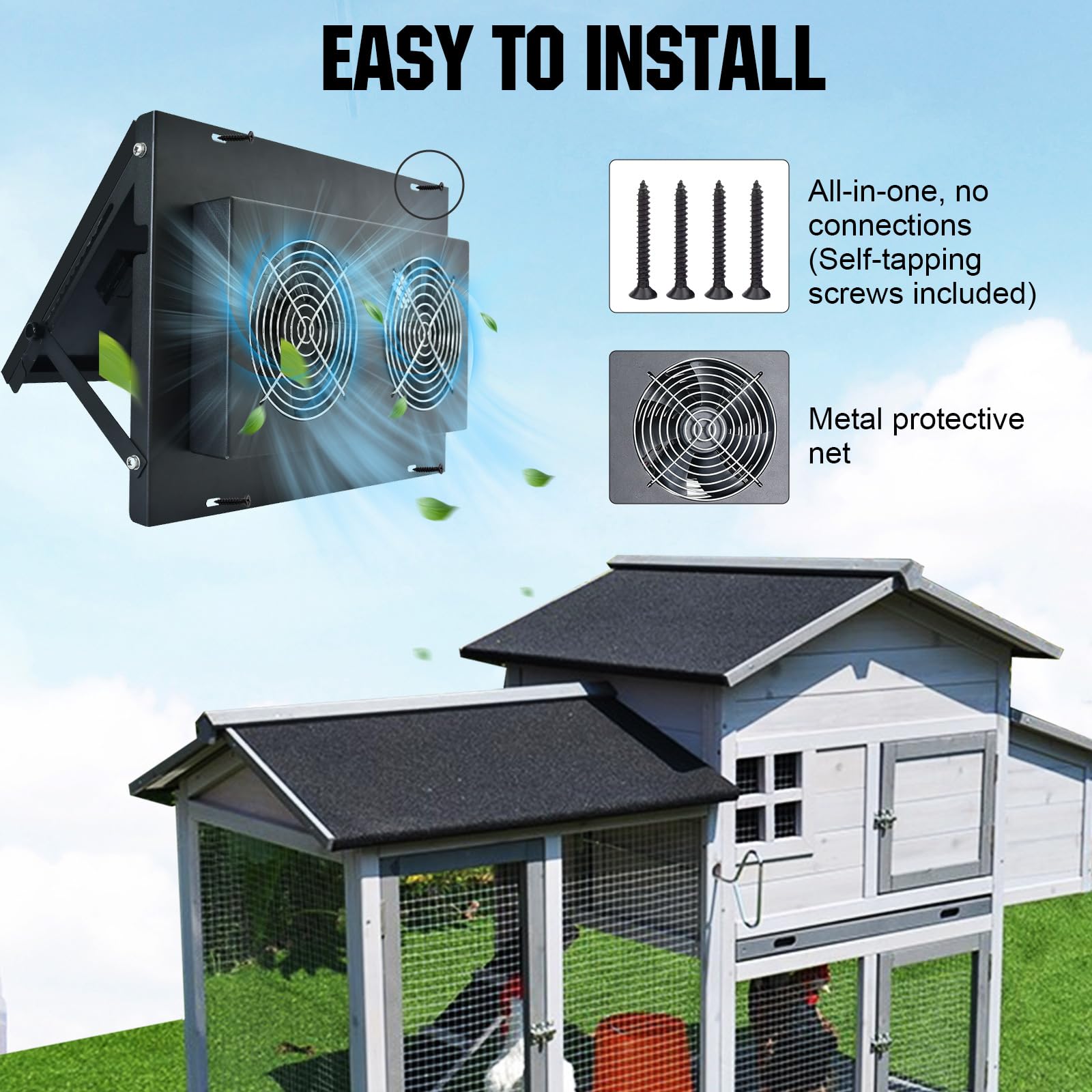 15W Solar Powered Metal Shell Waterproof Exhaust Fan Kit for Chicken Coops, Greenhouses, Sheds, Pet Houses, and Windows