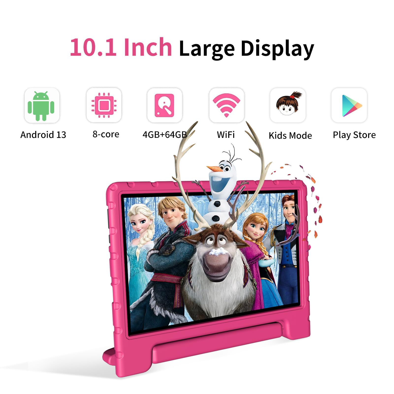 VNEIMQN Kids Tablet, 10 Inch Tablet for Kids, 4GB+64GB Android 13, 8-Core CPU, WiFi, 12H Battery, Parental Control, 1280 * 800 HD Display, Cameras, Pink