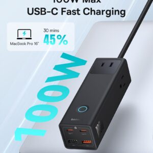 Baseus Charging Station 100W, 7-Port GaN USB C Charger Power Strip Surge Protector 1200J with 5ft Extension Cord, Fast Charging Desktop Outlet Extender for Laptop, MacBook, iPhone, Travel, Work