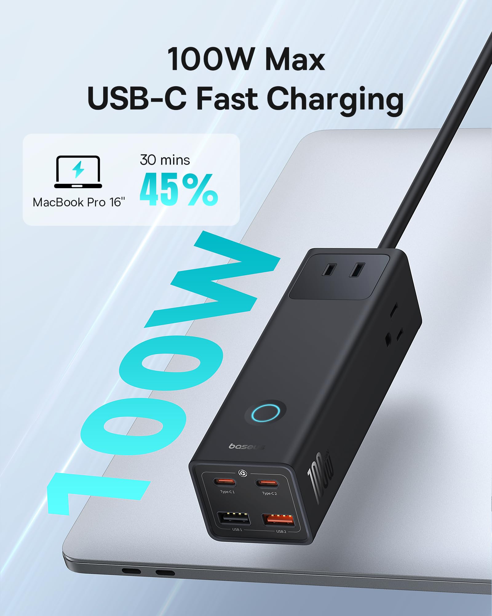 Baseus Charging Station 100W, 7-Port GaN USB C Charger Power Strip Surge Protector 1200J with 5ft Extension Cord, Fast Charging Desktop Outlet Extender for Laptop, MacBook, iPhone, Travel, Work