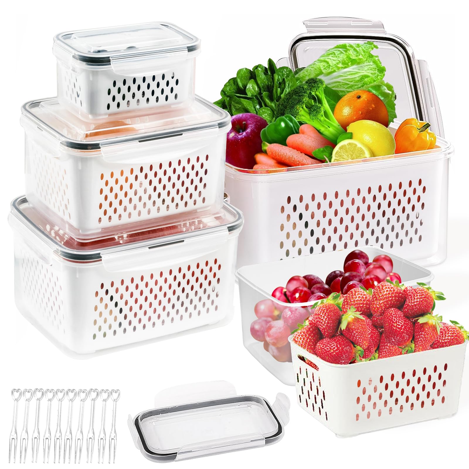 MsPrLs Fruit Storage Containers for Fridge 5 Pack | Fruits and Veggie Containers for Refrigerator with Colander | Keep Produce Vegetables Lettuce Fresh Longer | 5 Stackable Size | Rectangle