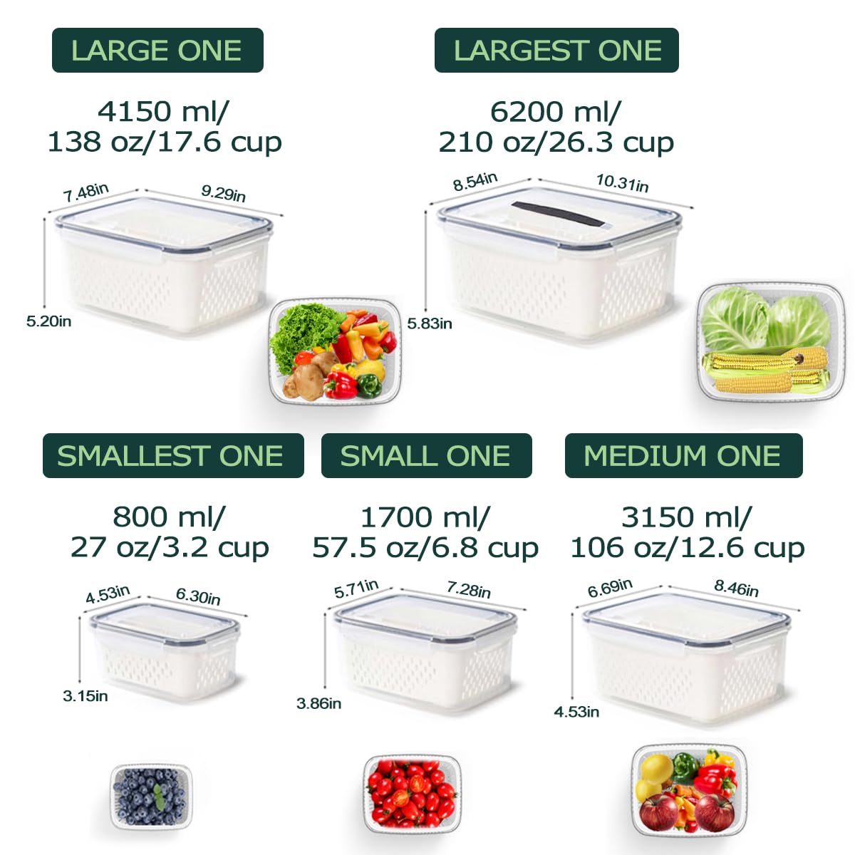 MsPrLs Fruit Storage Containers for Fridge 5 Pack | Fruits and Veggie Containers for Refrigerator with Colander | Keep Produce Vegetables Lettuce Fresh Longer | 5 Stackable Size | Rectangle