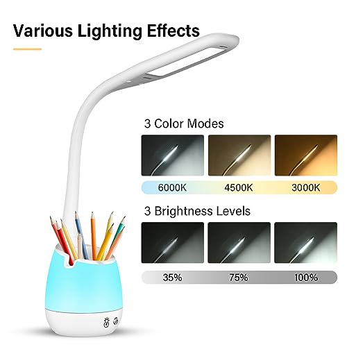 Donewin Rechargeable LED Desk Lamp with Color Changing Light, Pen and Phone Holder - Perfect Study and Reading Lamp for Kids, Teens, and Students - Great Gift for College Dorm Rooms