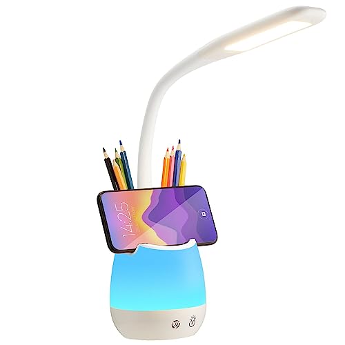 Donewin Rechargeable LED Desk Lamp with Color Changing Light, Pen and Phone Holder - Perfect Study and Reading Lamp for Kids, Teens, and Students - Great Gift for College Dorm Rooms