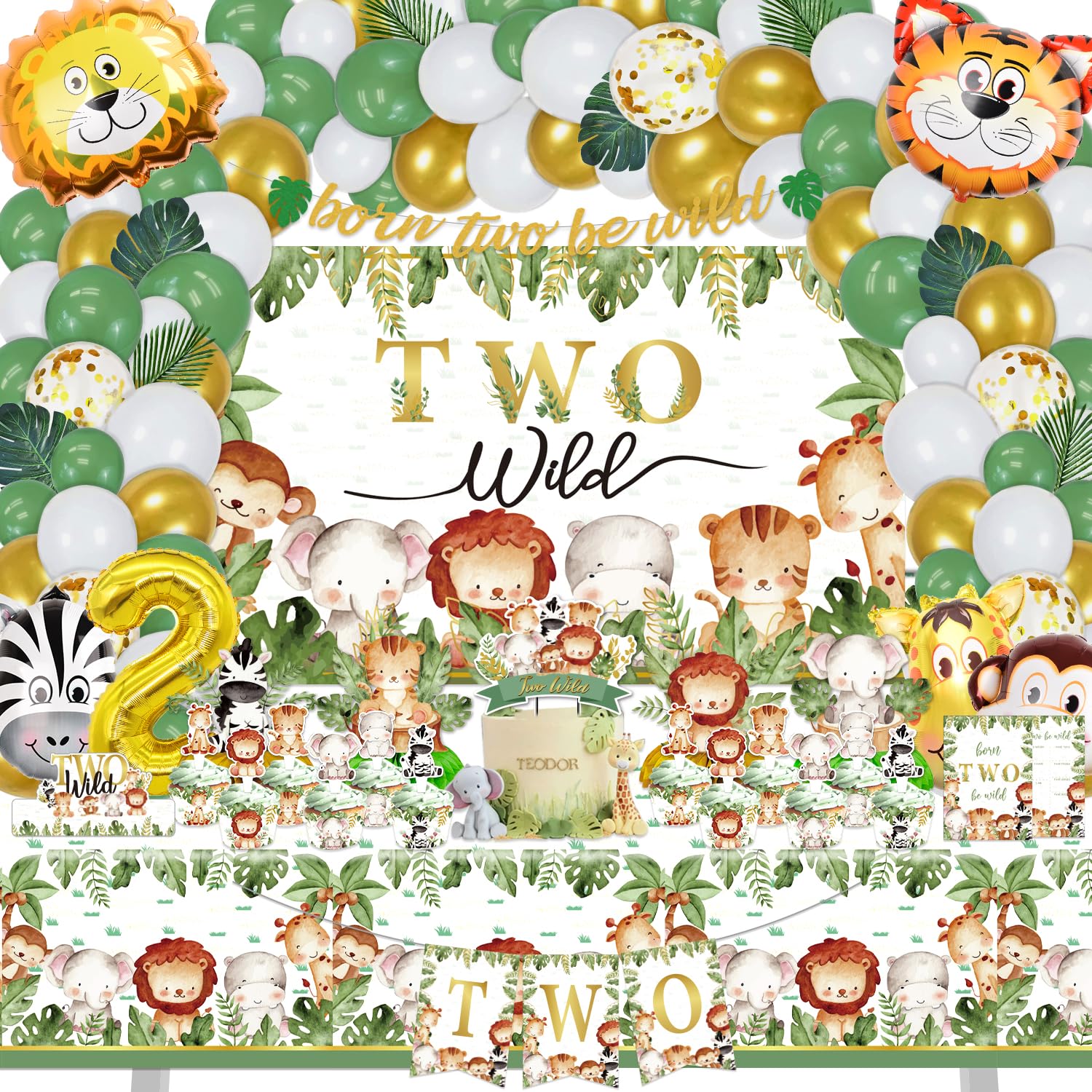 Two wild Birthday Decorations for Boys Girls, 159 Pcs Jungle Safari Theme Party Supplies for Baby - Two wild Backdrop, Cake, Cupcake Toppers, Cupcakes Wrappers, Balloons, Tablecloth, Palm Leaves,