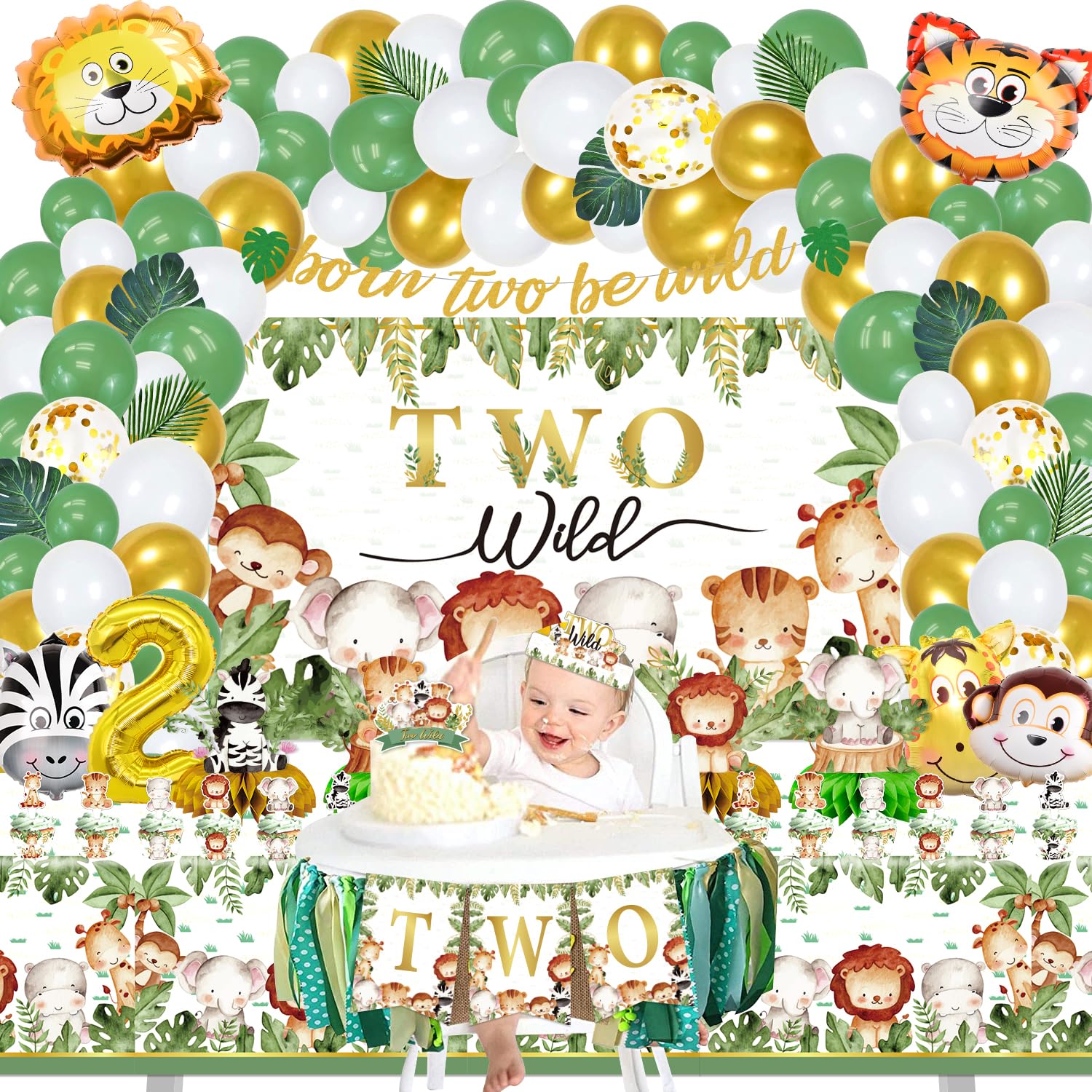 Two wild Birthday Decorations for Boys Girls, 159 Pcs Jungle Safari Theme Party Supplies for Baby - Two wild Backdrop, Cake, Cupcake Toppers, Cupcakes Wrappers, Balloons, Tablecloth, Palm Leaves,