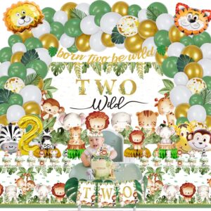 Two wild Birthday Decorations for Boys Girls, 159 Pcs Jungle Safari Theme Party Supplies for Baby - Two wild Backdrop, Cake, Cupcake Toppers, Cupcakes Wrappers, Balloons, Tablecloth, Palm Leaves,