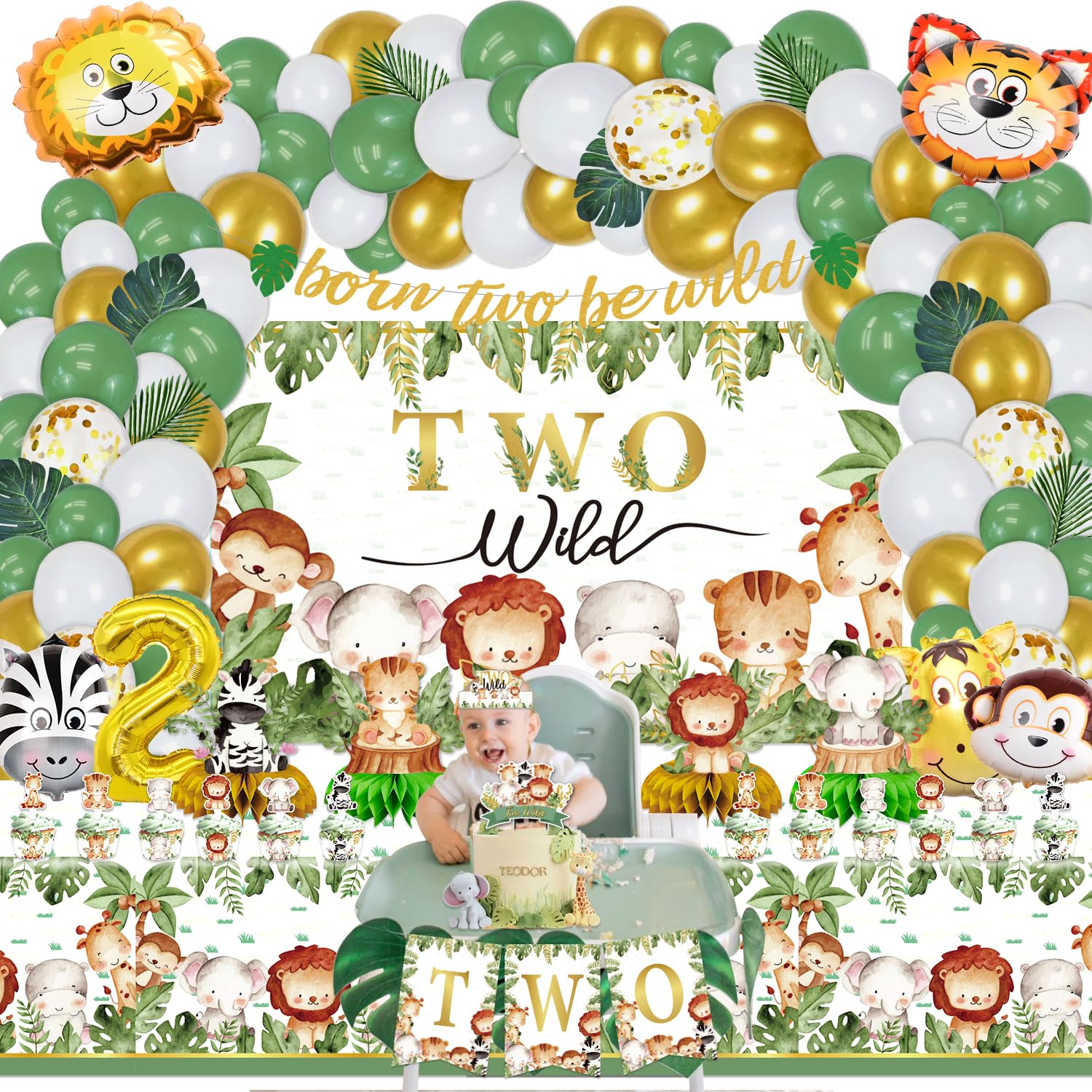 Two wild Birthday Decorations for Boys Girls, 159 Pcs Jungle Safari Theme Party Supplies for Baby - Two wild Backdrop, Cake, Cupcake Toppers, Cupcakes Wrappers, Balloons, Tablecloth, Palm Leaves,