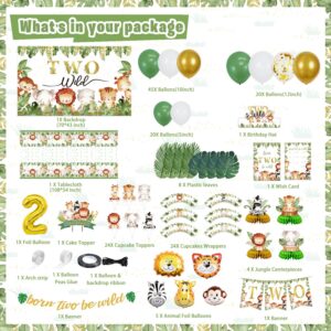 Two wild Birthday Decorations for Boys Girls, 159 Pcs Jungle Safari Theme Party Supplies for Baby - Two wild Backdrop, Cake, Cupcake Toppers, Cupcakes Wrappers, Balloons, Tablecloth, Palm Leaves,