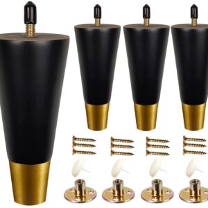 obstime Sofa Legs 6 inch Black Oak Wood Furniture Legs with Gold Caps - Black Wood Legs for Sofa Wood Furniture Legs Set of 4, Round Solid Mid Century Legs 4 inch, Wooden Couch Legs Replacement