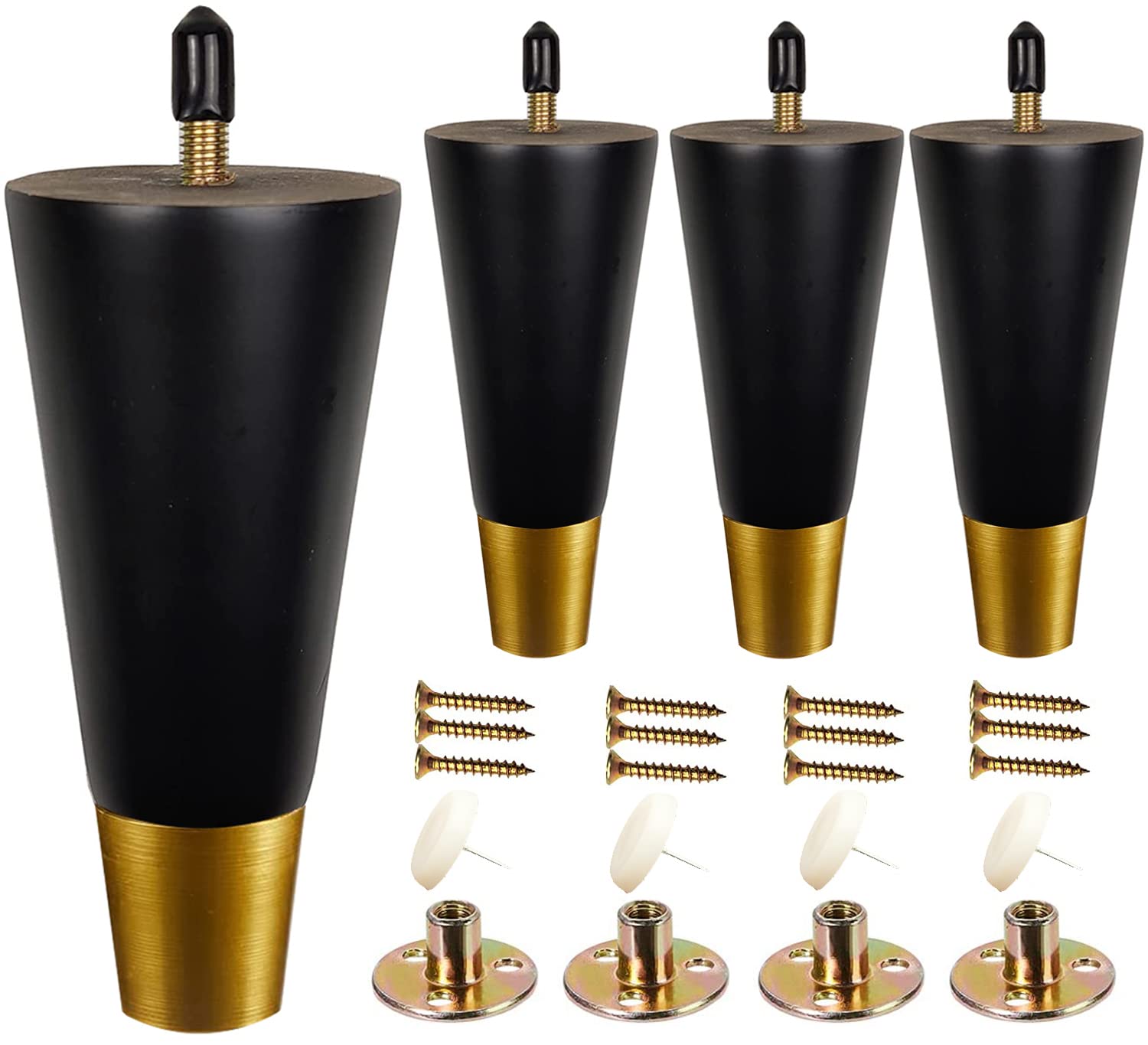 obstime Sofa Legs 6 inch Black Oak Wood Furniture Legs with Gold Caps - Black Wood Legs for Sofa Wood Furniture Legs Set of 4, Round Solid Mid Century Legs 4 inch, Wooden Couch Legs Replacement