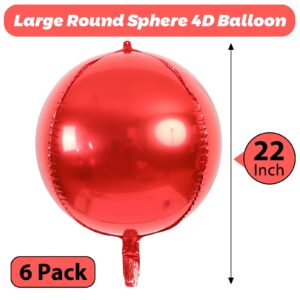 RUBFAC Red Metallic Balloons 22 Inch, 6pcs 4D Round 360 Red Chrome Balloon for Bachelorette Party Decorations, Red Metallic Balloons for Baby Shower, Birthday and More