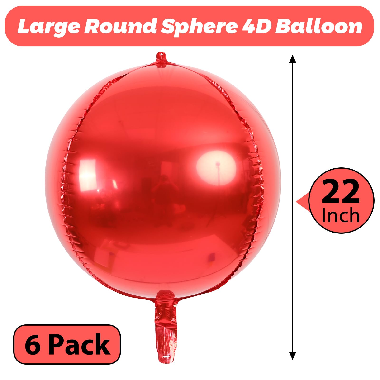 RUBFAC Red Metallic Balloons 22 Inch, 6pcs 4D Round 360 Red Chrome Balloon for Bachelorette Party Decorations, Red Metallic Balloons for Baby Shower, Birthday and More