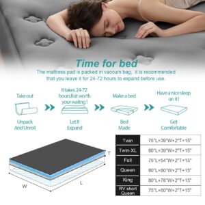 Hansleep Memory Foam Queen Mattress Topper, Queen Mattress Pad Cover with Deep Pocket, Breathable Pillow Top Mattress Topper Queen with Gel Foam, 60x80 Inches, Charcoal