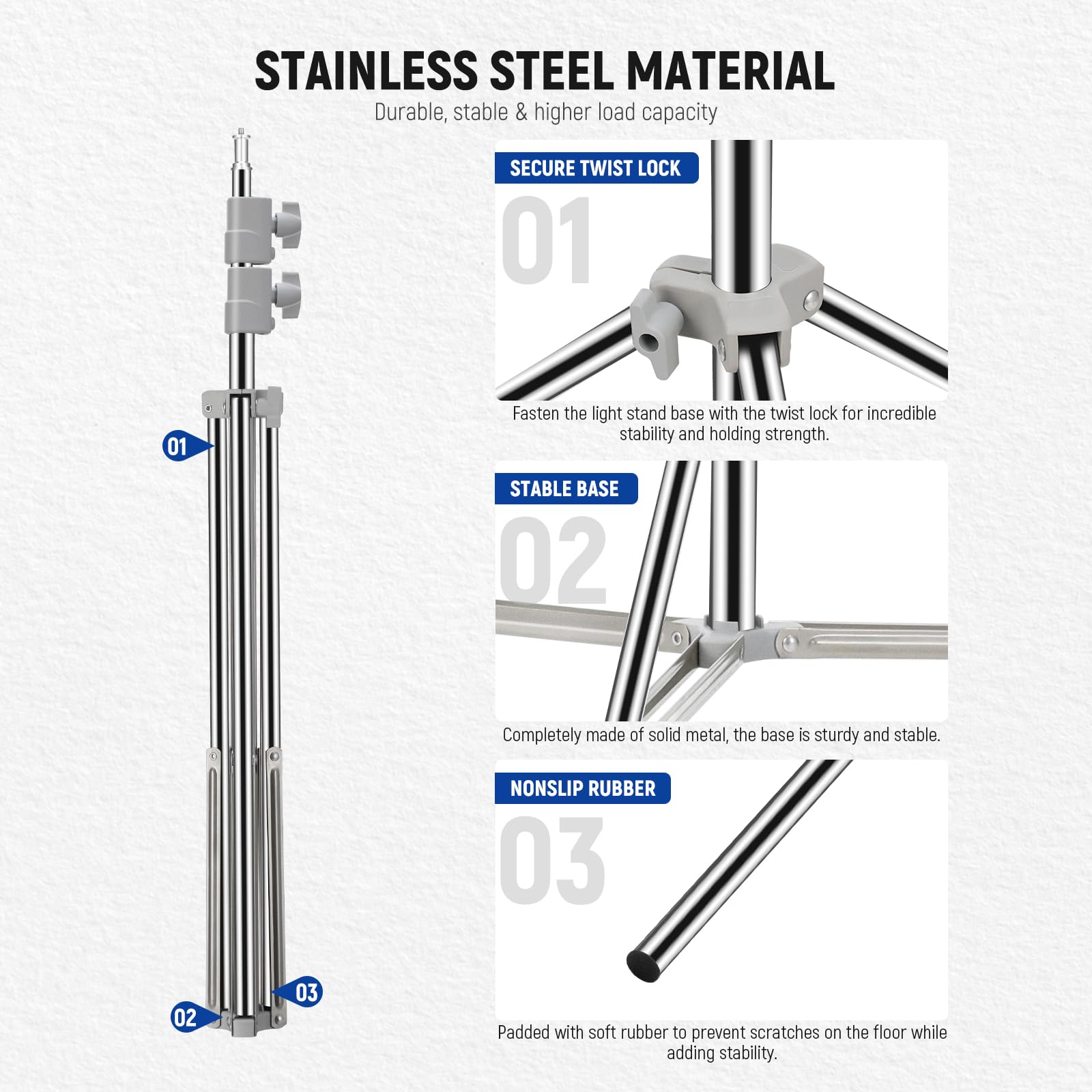 NEEWER Upgraded 75"/190cm Light Stand Stainless Steel Spring Loaded, Foldable Photography Tripod Stand with Stronger Tube Joints for Strobe Softbox LED Ring Light, Max Load 13.5lb/6.5kg, ST-190SS